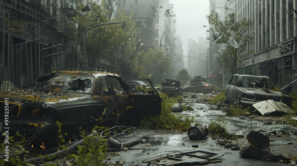 Zombie apocalypse scene, deserted city streets, burning cars, shattered ...