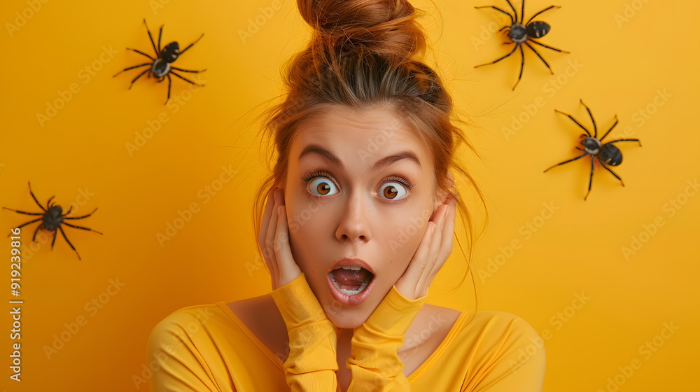 Shocked woman with a terrified expression as spiders crawl around her ...
