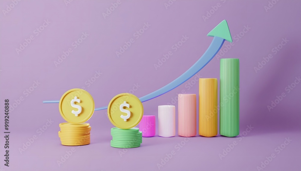 3D render of business graph with up arrow It symbolizes growth and ...