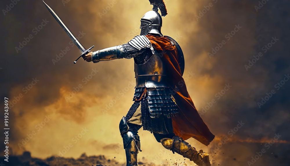 Spartan man in gladiator helmet and red long cloak standing with steel ...