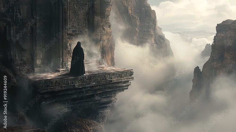 Enigmatic Observer: Cloaked Silhouette Amidst Swirling Fog and Stone ...