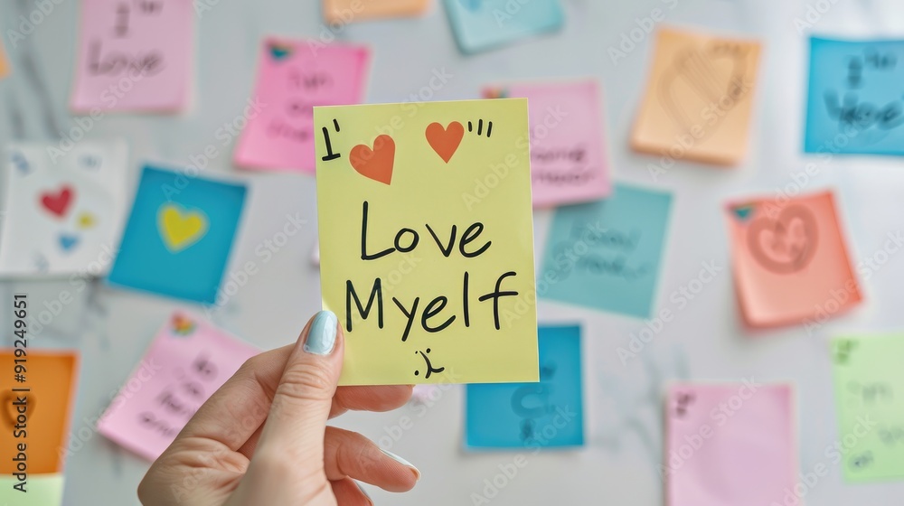hand holding colorful sticky notes with the text "I Love Myself", "" I ...