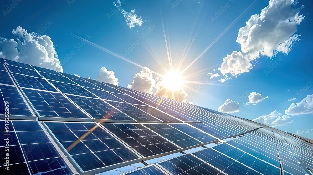 Solar panels are installed on the roof of the building to receive ...