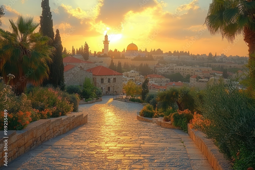 ภาพประกอบสต็อก panoramic vista of jerusalem at golden hour ancient ...