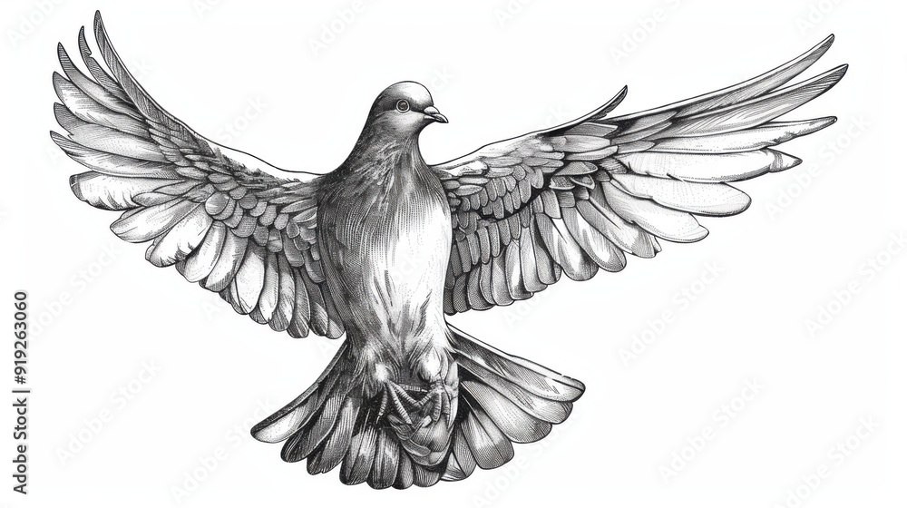 Black and white Vintage engraved art of a dove in flight, isolated on ...