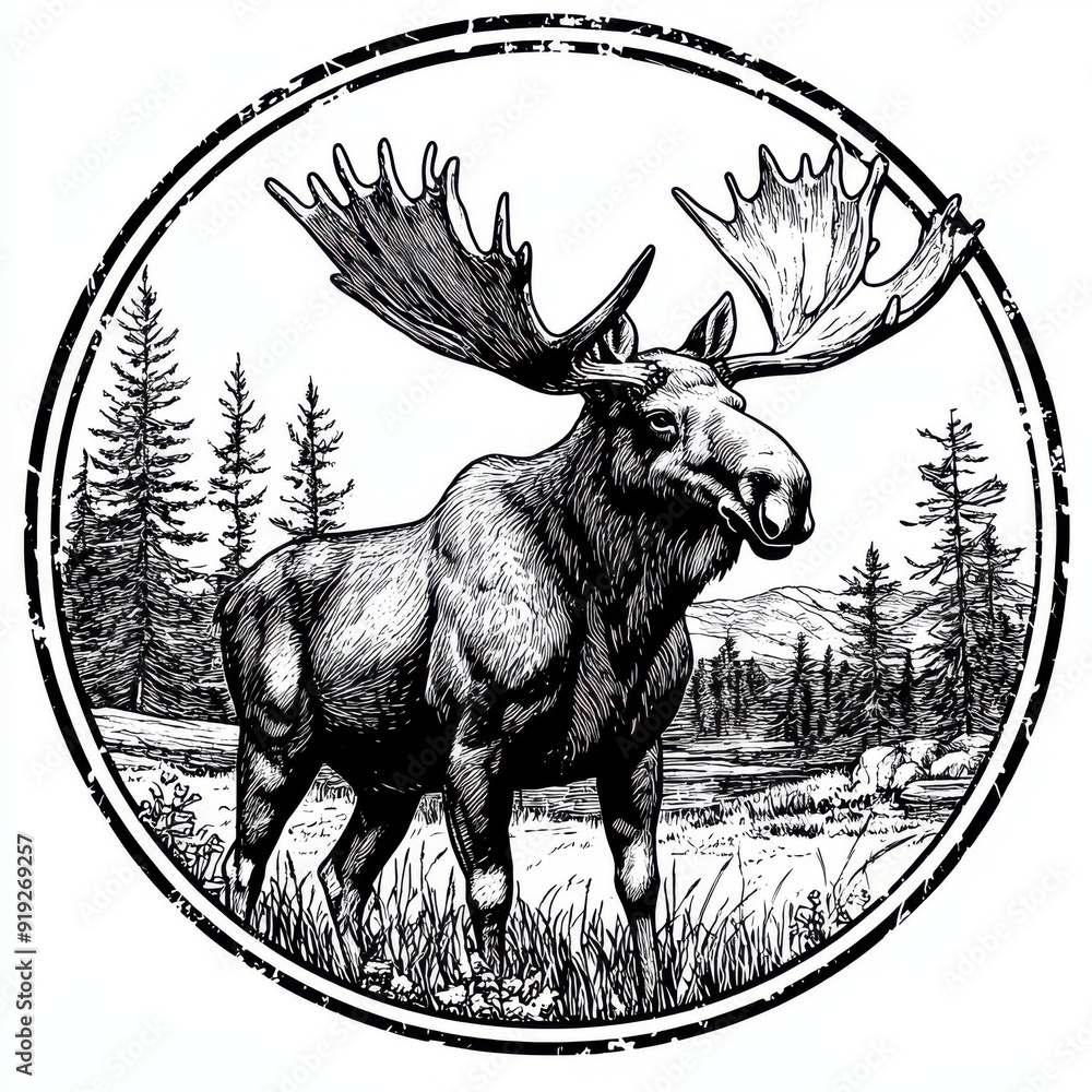 Black and white Vintage engraved art of a moose in a circular stamp ...