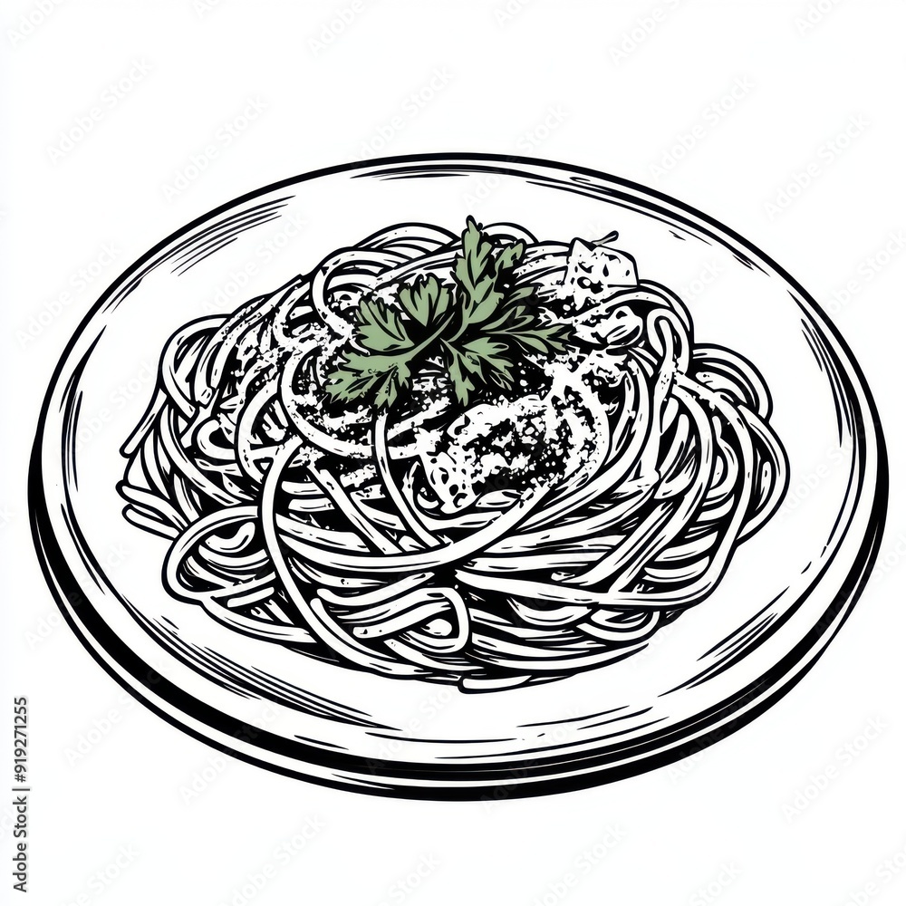 Black and white Vintage engraved art of a plate of spaghetti aglio e ...