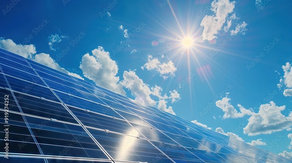 Solar panels are installed on the roof of the building to receive ...