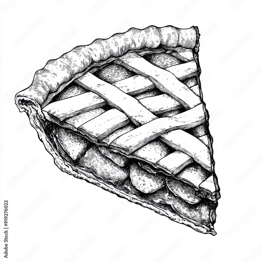 Black and white Vintage engraved art of a slice of apple pie with a ...