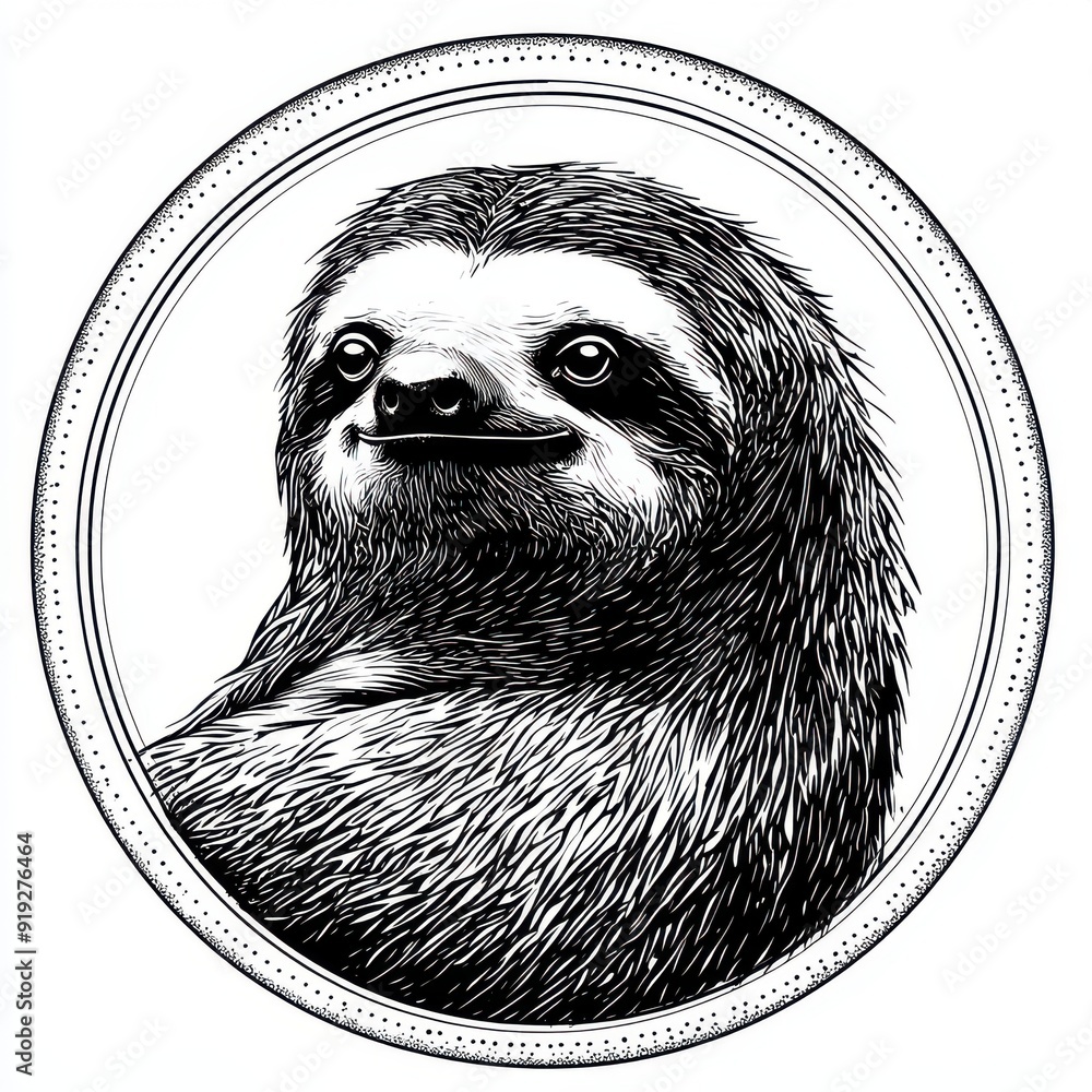 Black and white Vintage engraved art of a sloth in a circular stamp ...