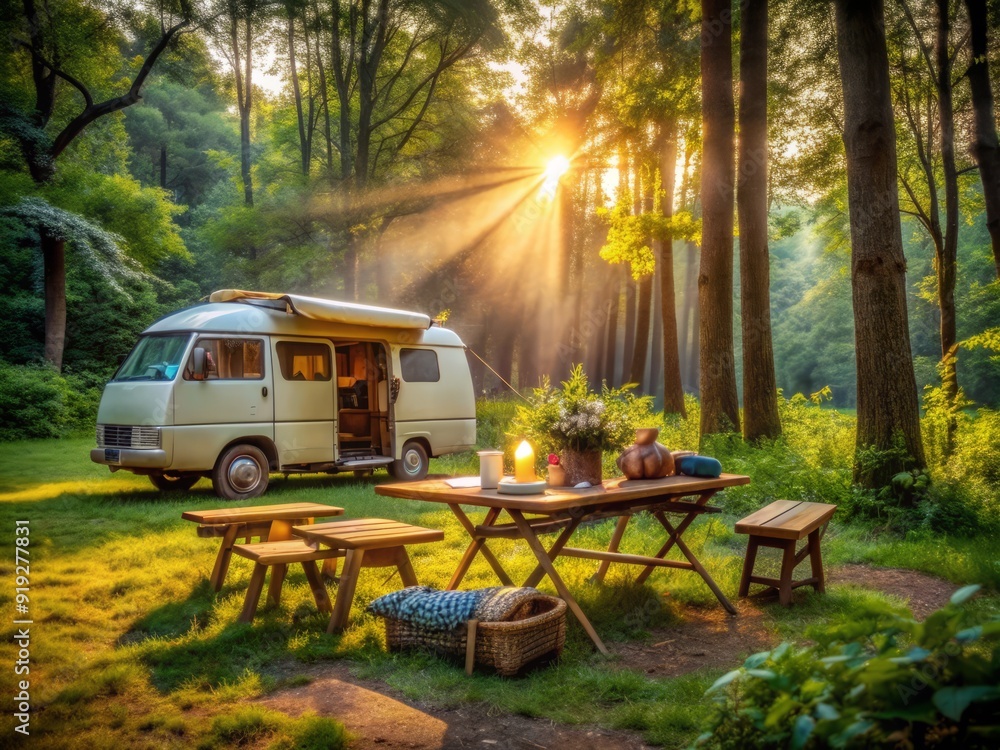 Cozy campsite setup with a camper van, picnic table, camping gear, and ...