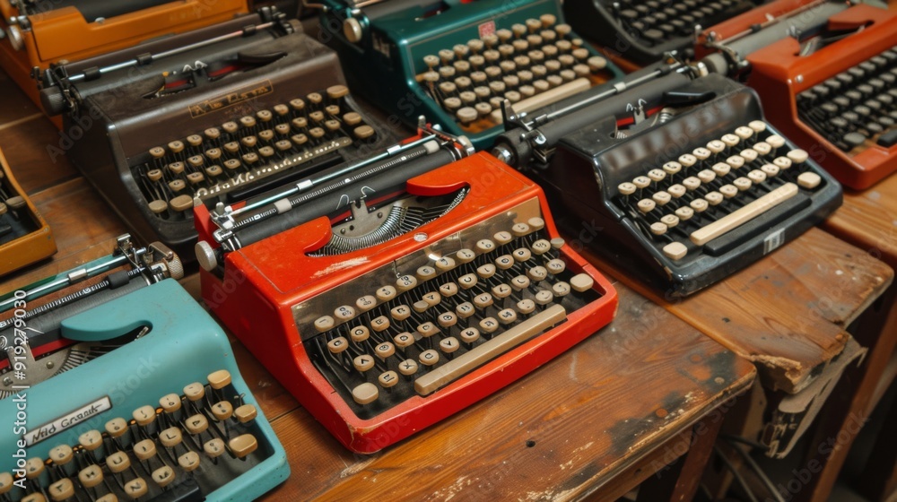 Collection of vintage typewriters and modern keyboards, illustrating ...