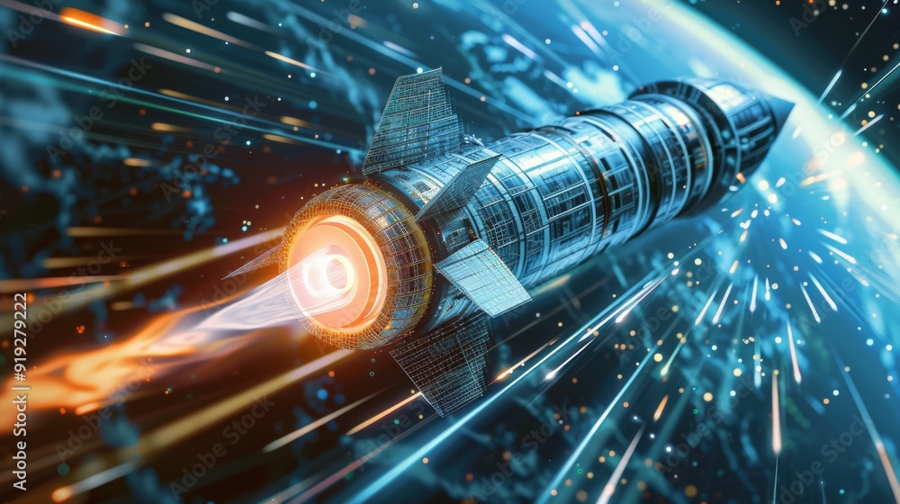 Concept of aerospace engineering with digital rocket designs and ...