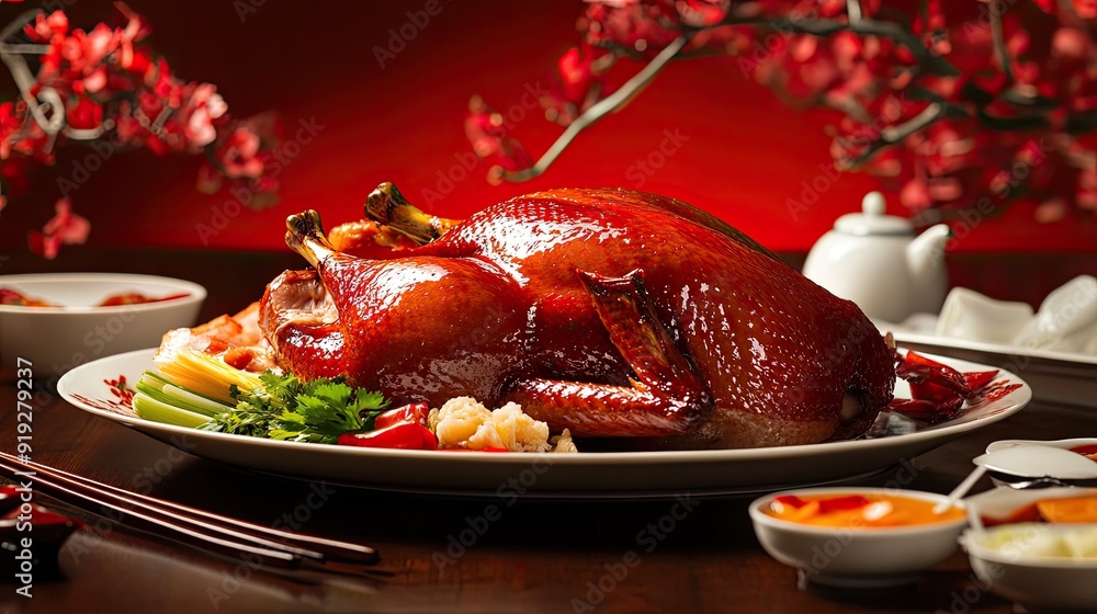 A traditional Peking duck dish on a wooden table, with Chinese utensils ...
