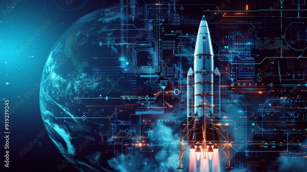 Concept of aerospace engineering with digital rocket designs and ...