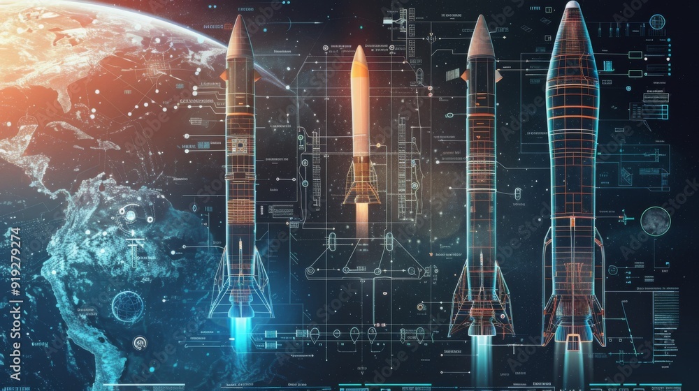 Concept of aerospace engineering with digital rocket designs and ...