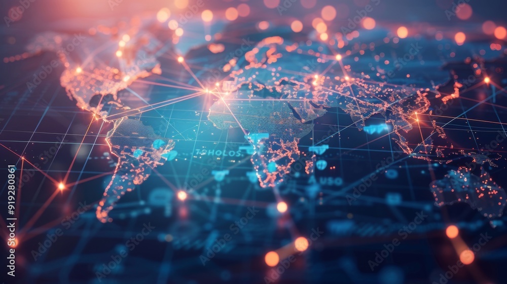 Conceptual image of a digital world map with glowing nodes and network ...