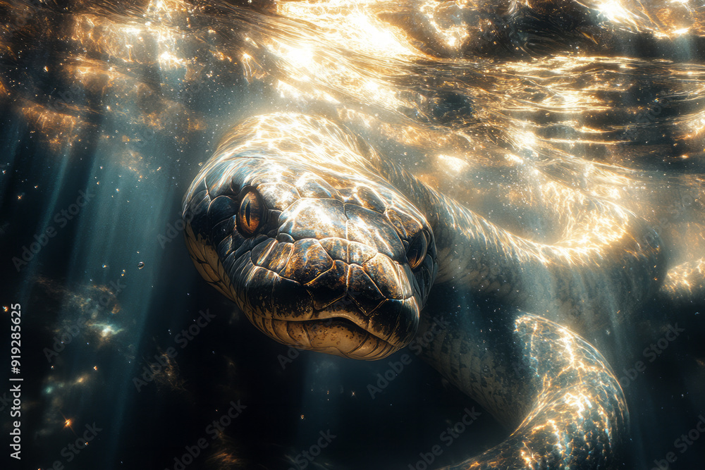 An ancient sea serpent rising from the depths, its shimmering scales reflecting the sunlight in ...