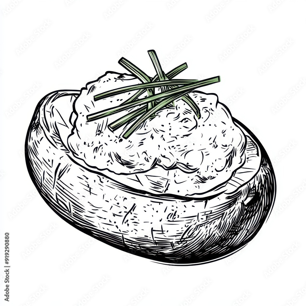 ภาพประกอบสต็อก Black and white Vintage engraved art of a baked potato ...