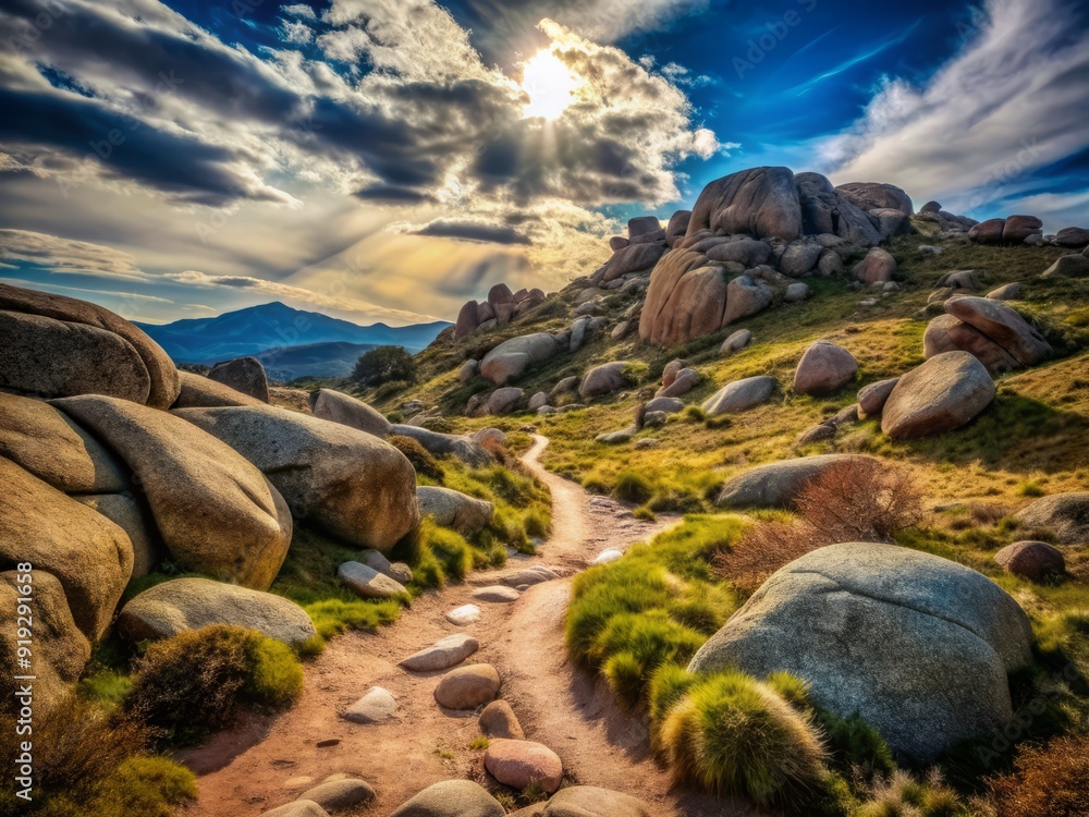 Rugged terrain with large boulders and scattered rocks gives way to a ...
