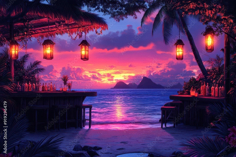 tropical paradise tiki bar at sunset vibrant cocktails with exotic ...