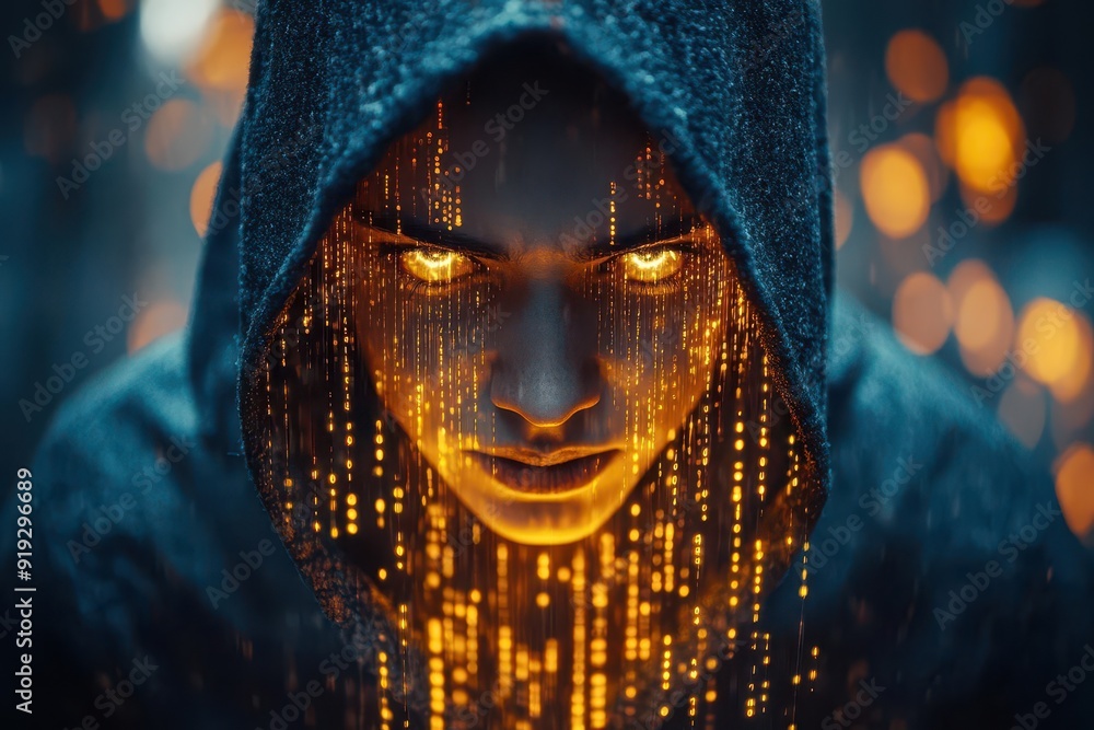 menacing silhouette of a hooded hacker emerging from a sea of cascading ...