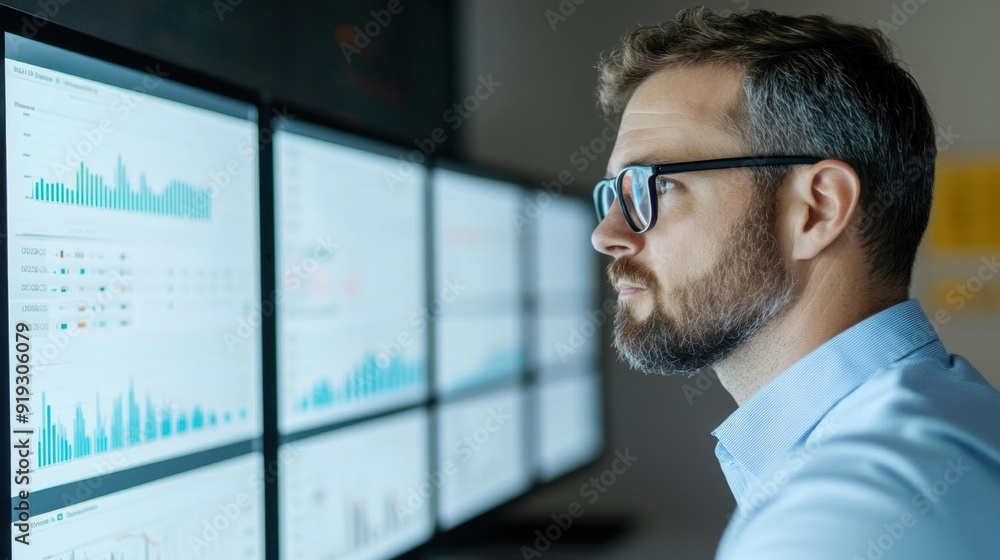 Logistics planner analyzing real-time data on a multi-screen dashboard ...