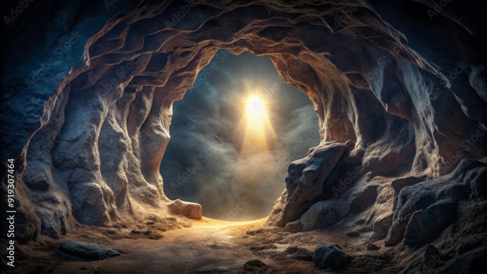 Dark mystifying cave aperture isolated on black velvet background ...