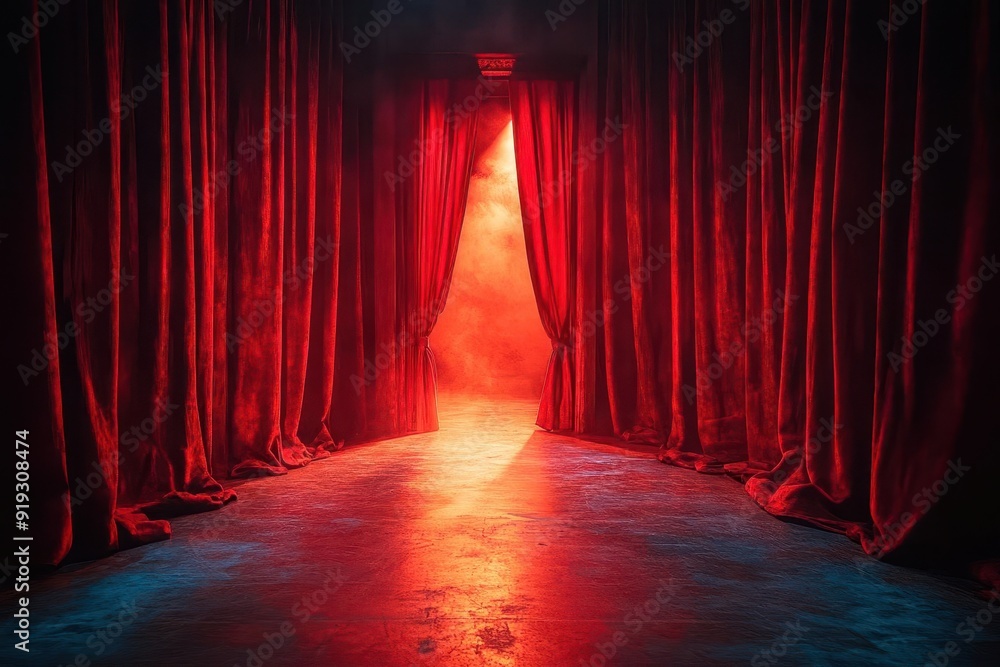 mysterious theater stage with rich red velvet curtains slightly parted ...