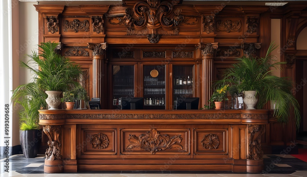 Traditional wooden reception desk with intricate carvings and potted ...