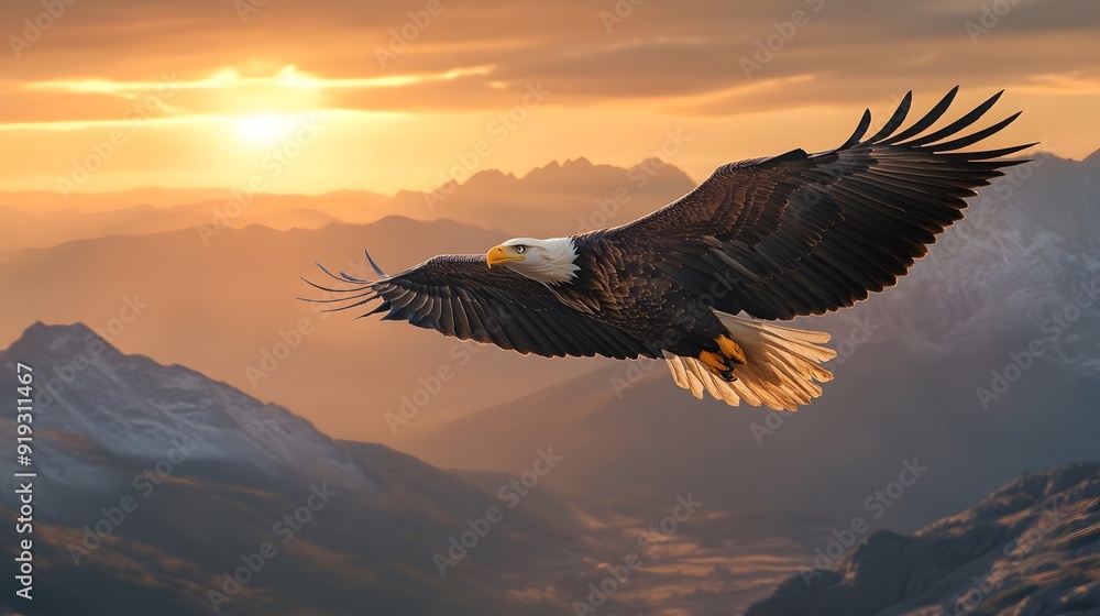 A majestic bald eagle soaring high above the mountains at sunset, with ...
