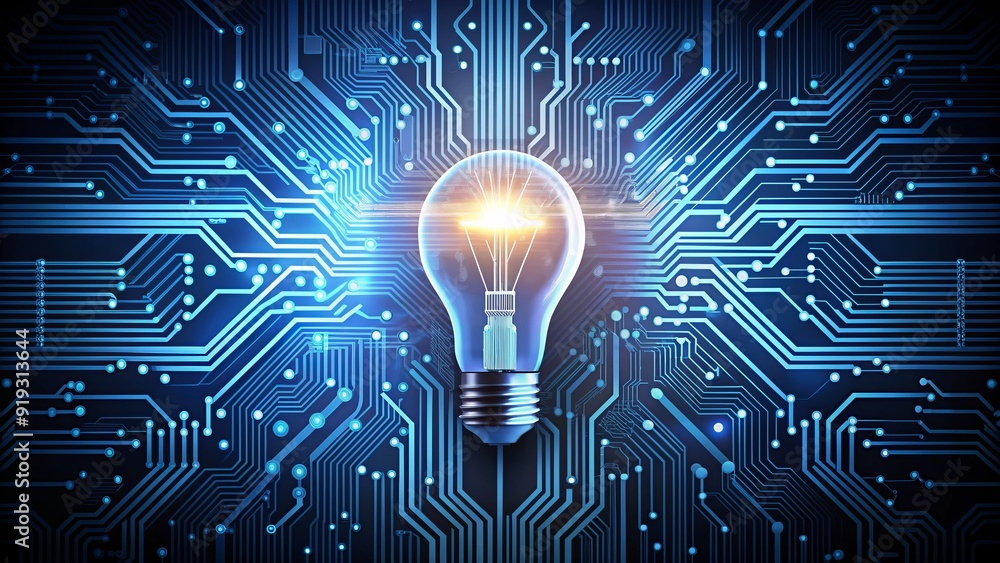 Illuminated light bulb icon integrated into a stylized electronic ...