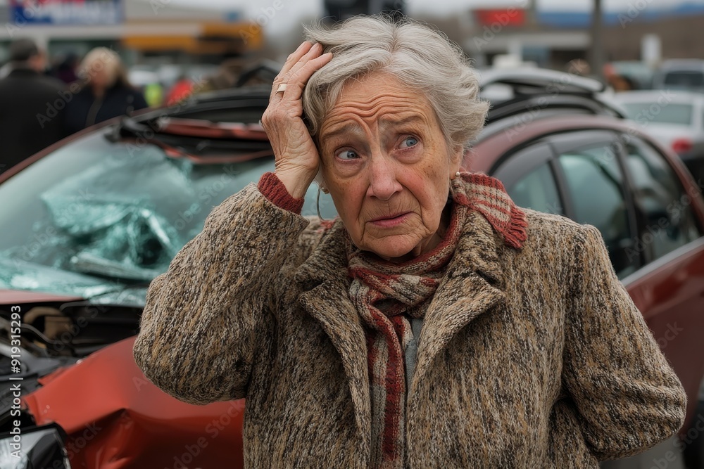 An elderly woman in visible shock stands at an accident scene beside ...