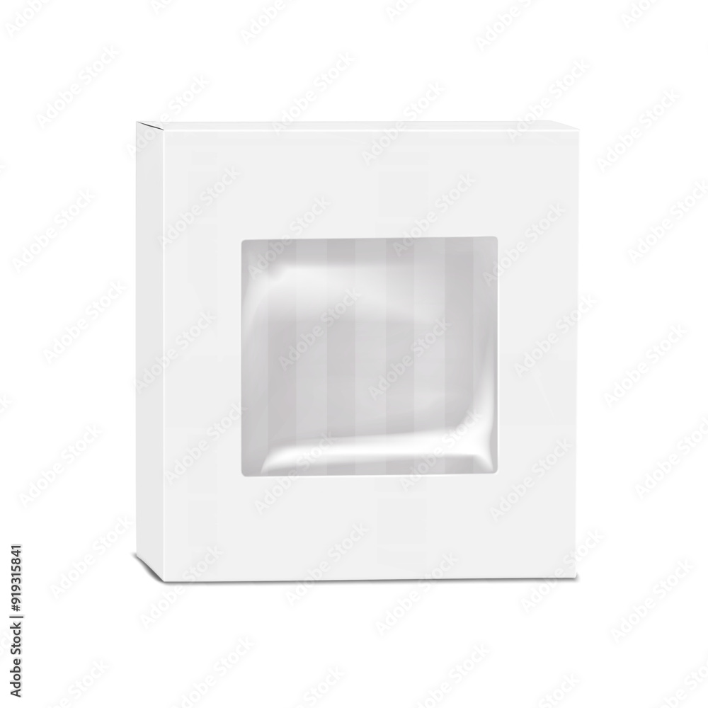 White thin square paper box with clear plastic window and tuck-in flap ...