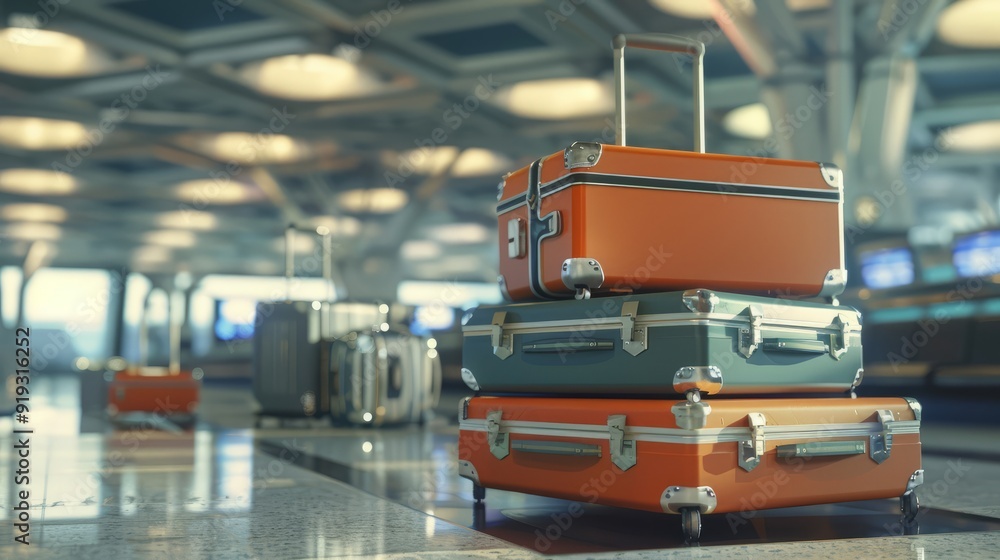 Realistic 3d rendering of multiple suitcases in a modern airport ...