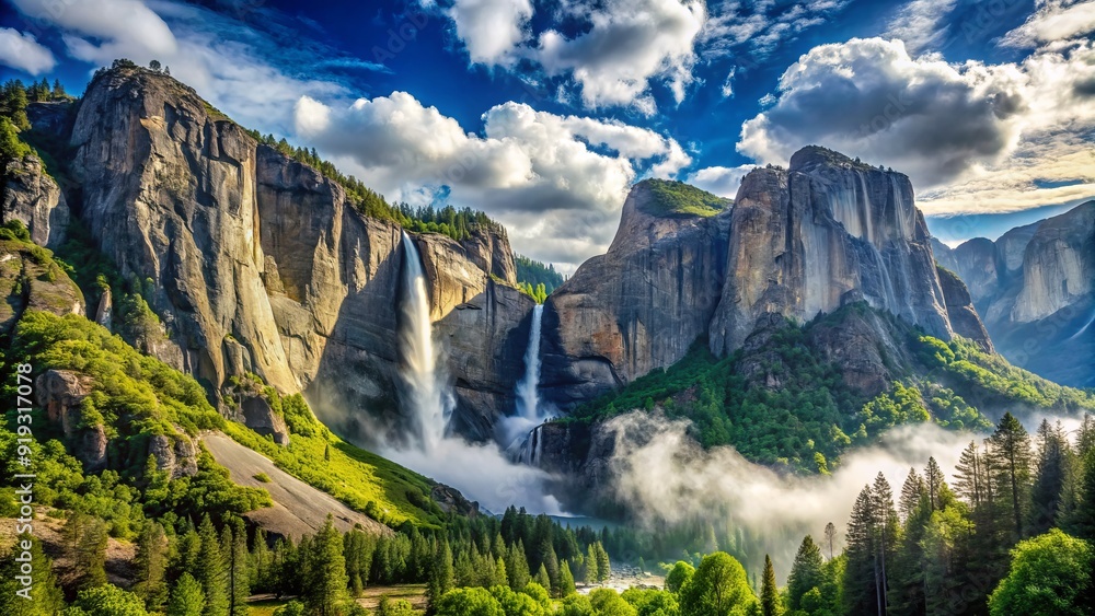 Majestic granite cliffs rise above serene valley floor, surrounded by ...