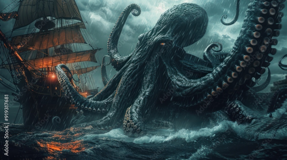 Terrifyingly huge as a sea creature octopus ship, the kraken tries to sink a huge pirate ship ...