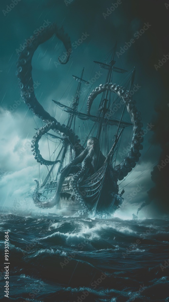 Terrifyingly huge as a sea creature octopus ship, the kraken tries to sink a huge pirate ship ...