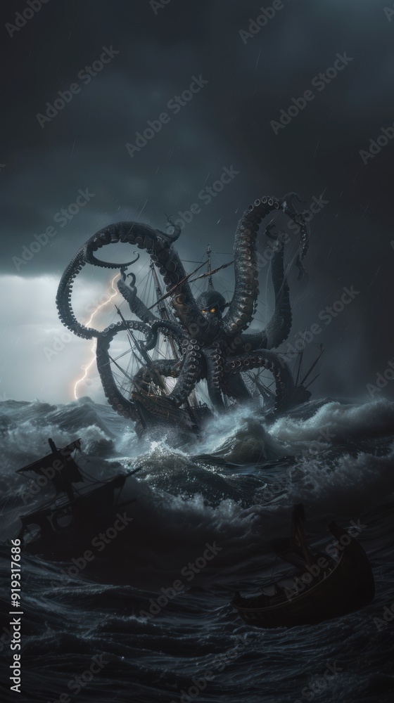 Terrifyingly huge as a sea creature octopus ship, the kraken tries to sink a huge pirate ship ...