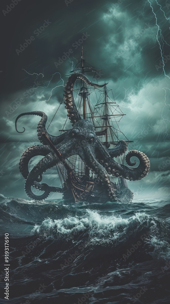 Terrifyingly huge as a sea creature octopus ship, the kraken tries to sink a huge pirate ship ...
