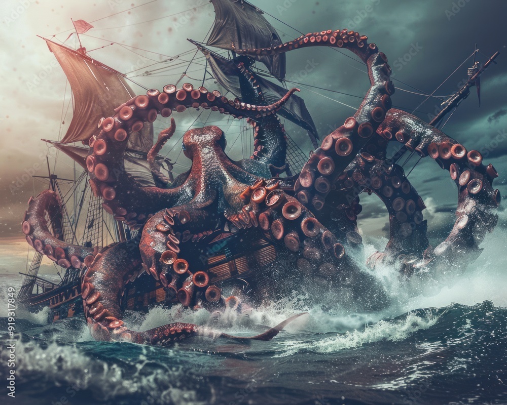 Terrifyingly huge as a sea creature octopus ship, the kraken tries to sink a huge pirate ship ...