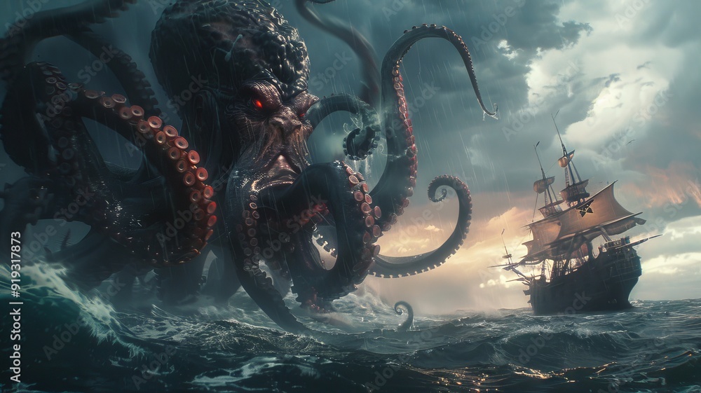 Terrifyingly huge as a sea creature octopus ship, the kraken tries to sink a huge pirate ship ...