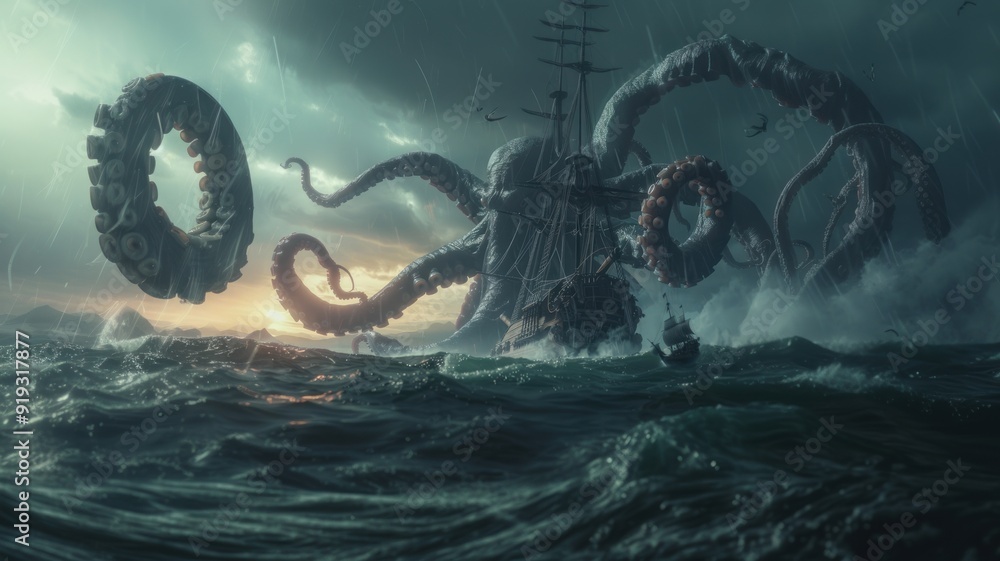 Terrifyingly huge as a sea creature octopus ship, the kraken tries to sink a huge pirate ship ...