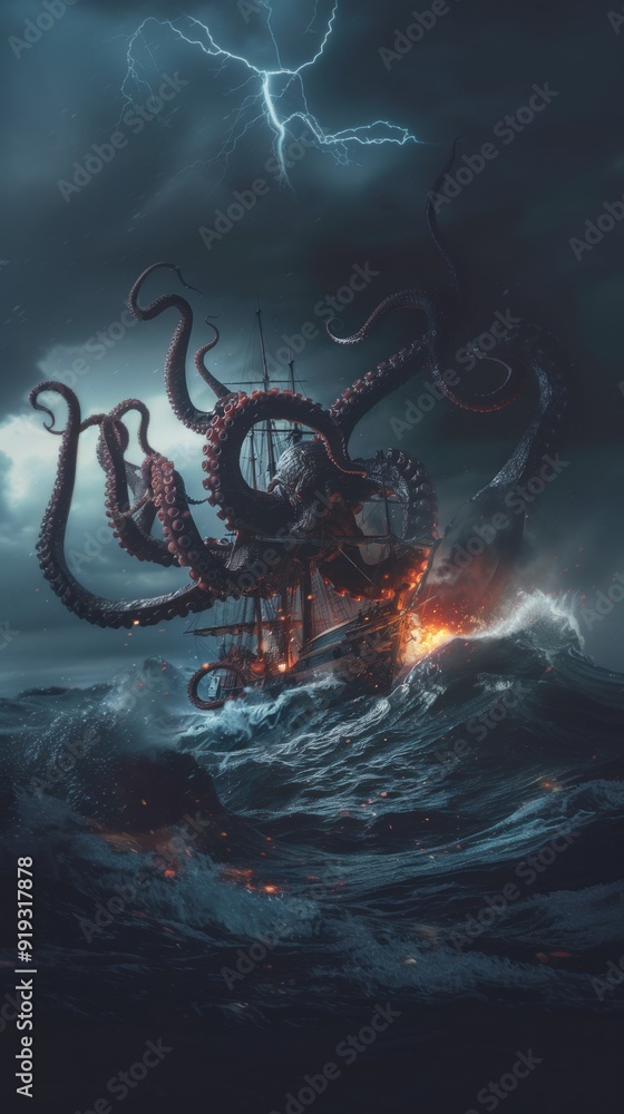 Terrifyingly huge as a sea creature octopus ship, the kraken tries to sink a huge pirate ship ...