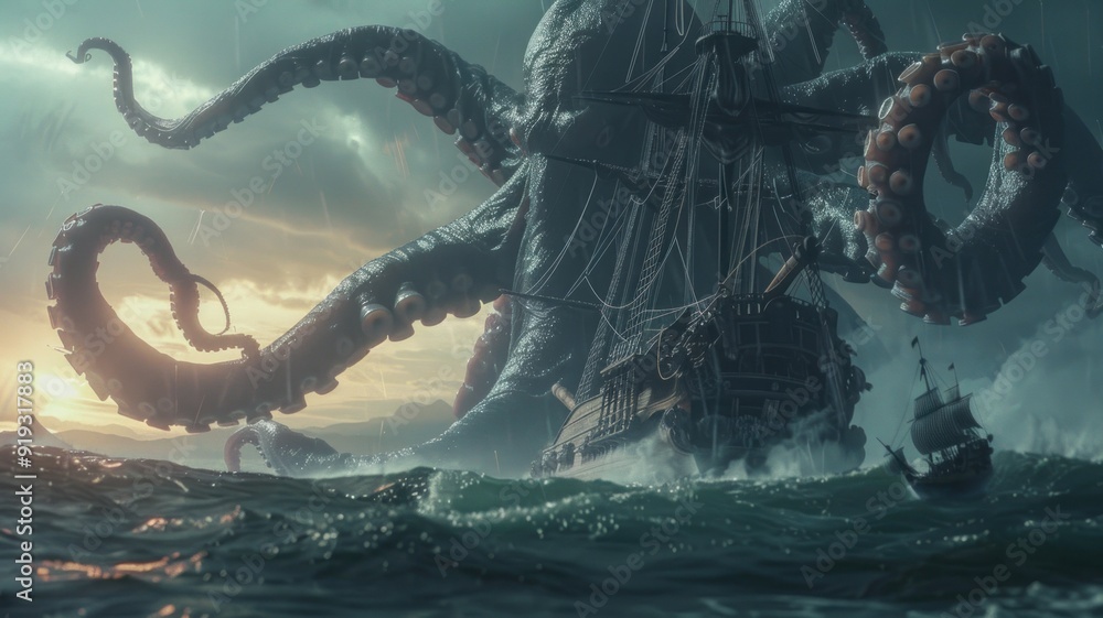 Terrifyingly huge as a sea creature octopus ship, the kraken tries to sink a huge pirate ship ...