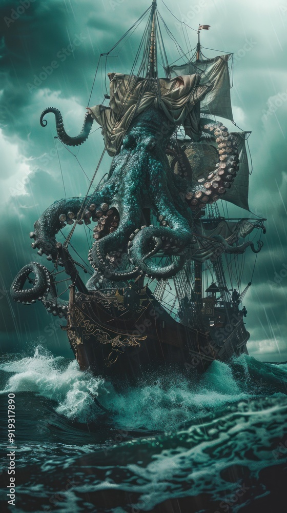 Terrifyingly huge as a sea creature octopus ship, the kraken tries to sink a huge pirate ship ...