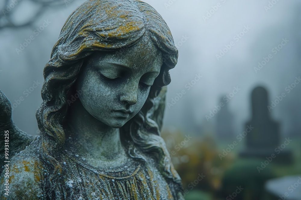 poignant cemetery scene weathered angel statue in foreground misty ...