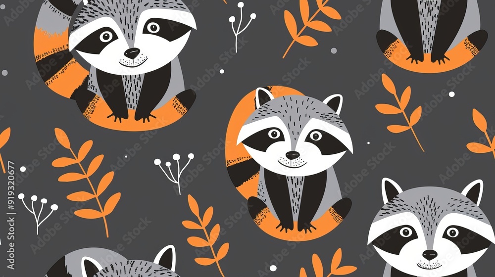 Cute cartoon raccoons with orange tails and leaves on a dark gray ...
