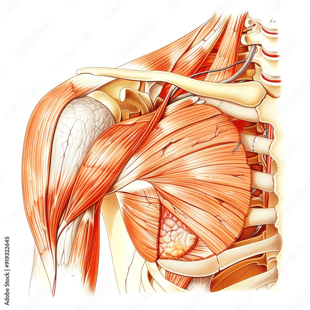Anatomical crosssectional illustration of the human shoulder, showing ...