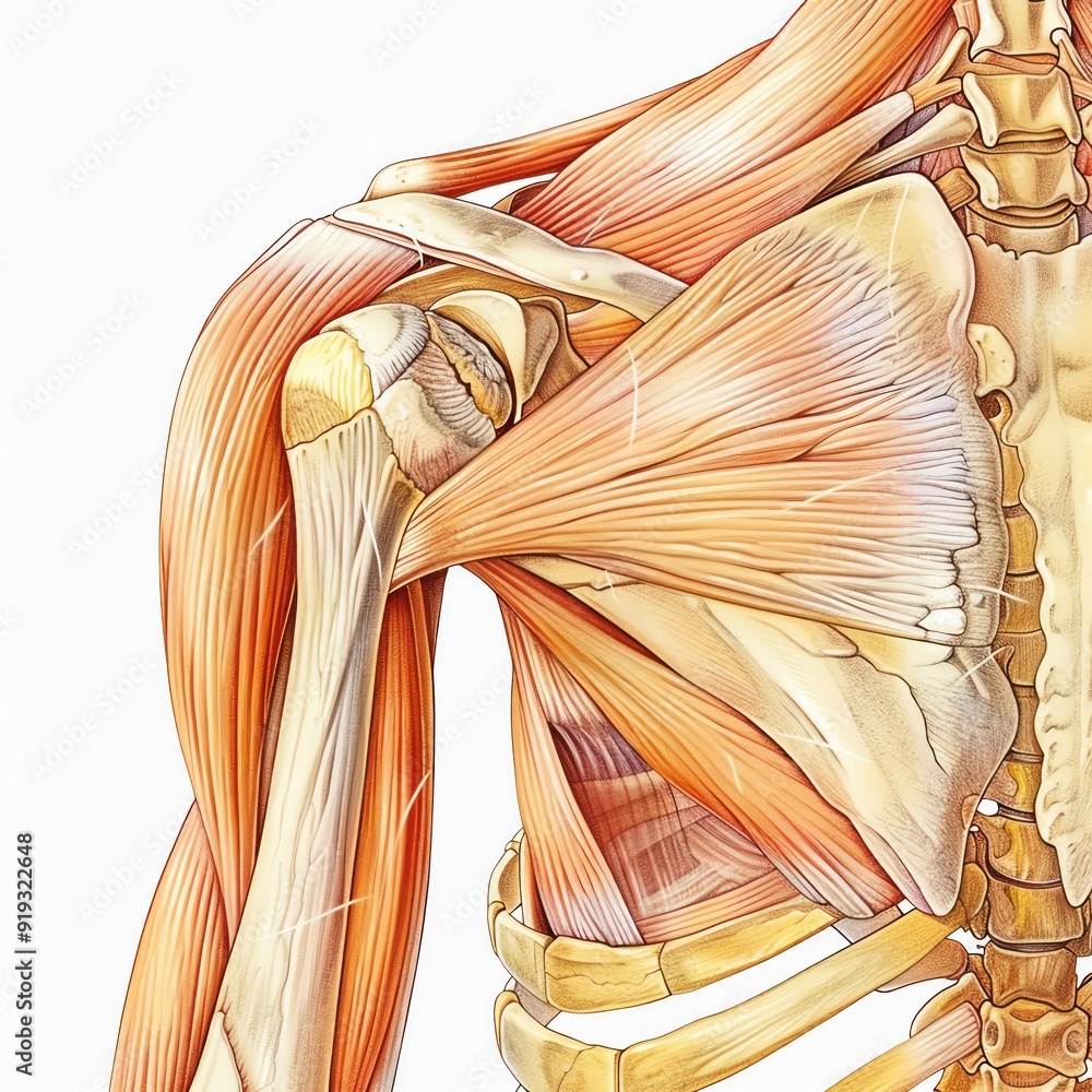 Anatomical crosssectional illustration of the human shoulder, showing ...
